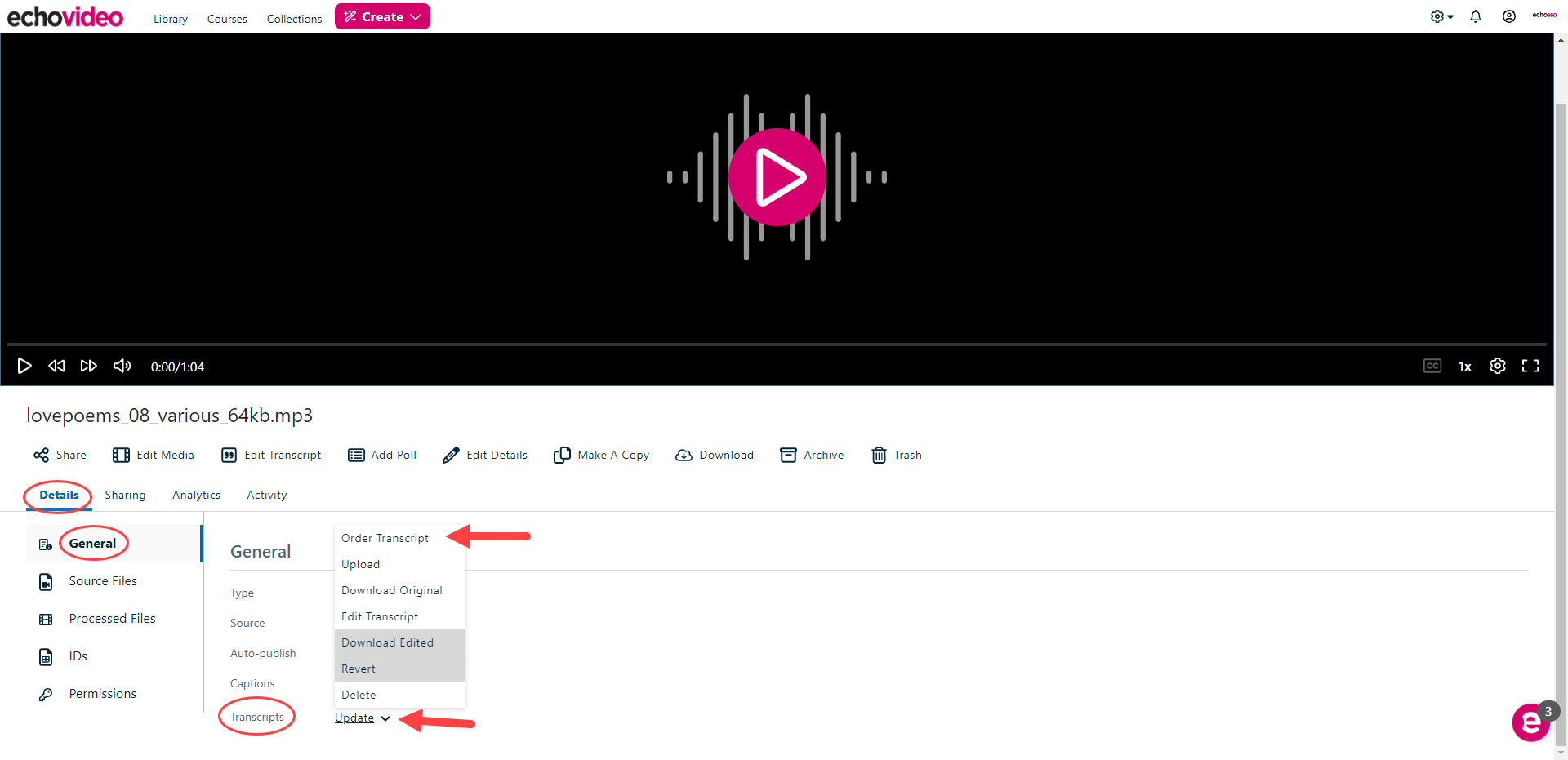 EchoVideo: Ordering Transcripts for Individual Media – Support