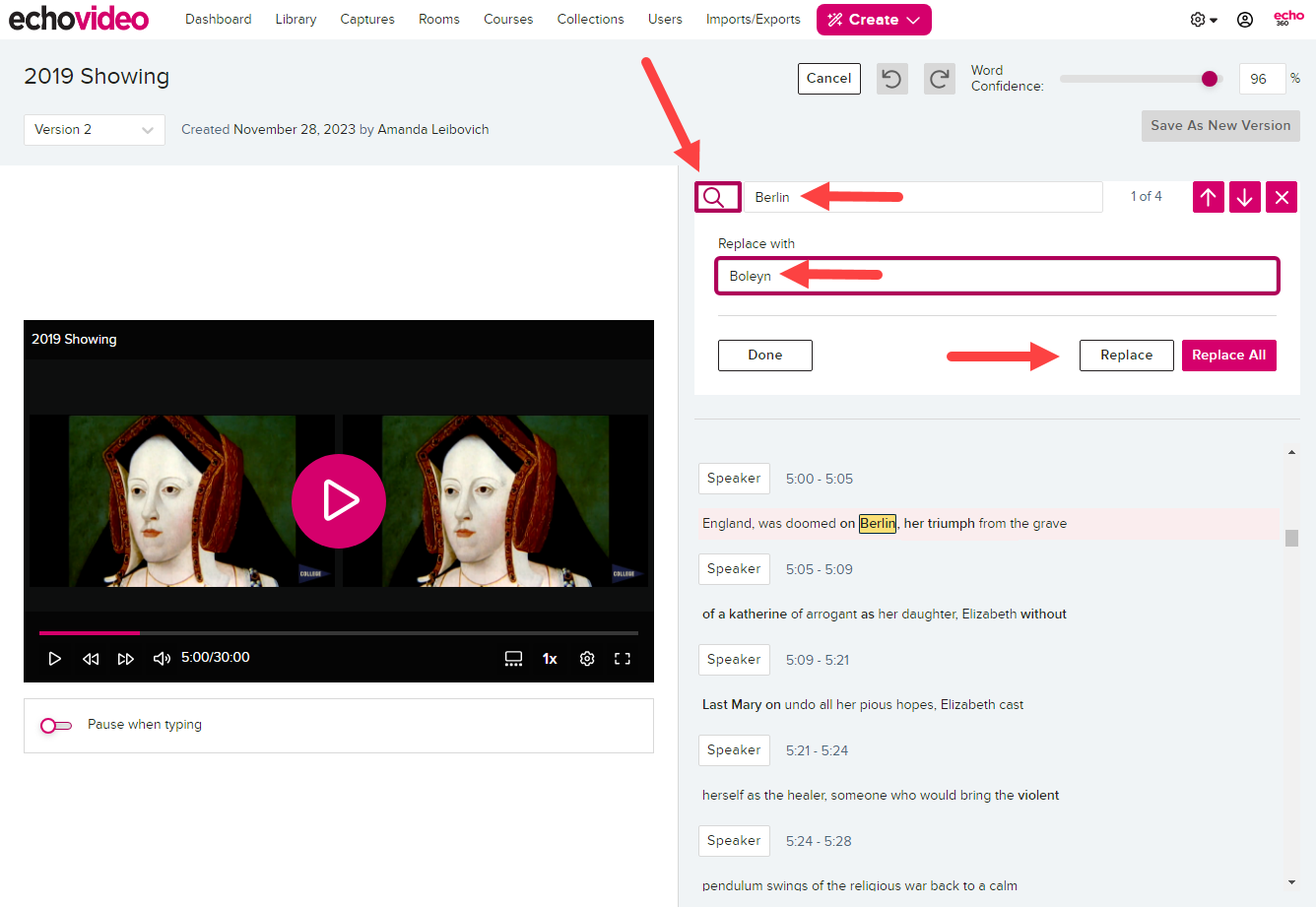 EchoVideo: Using Search and Replace in the Transcript Editor – Support
