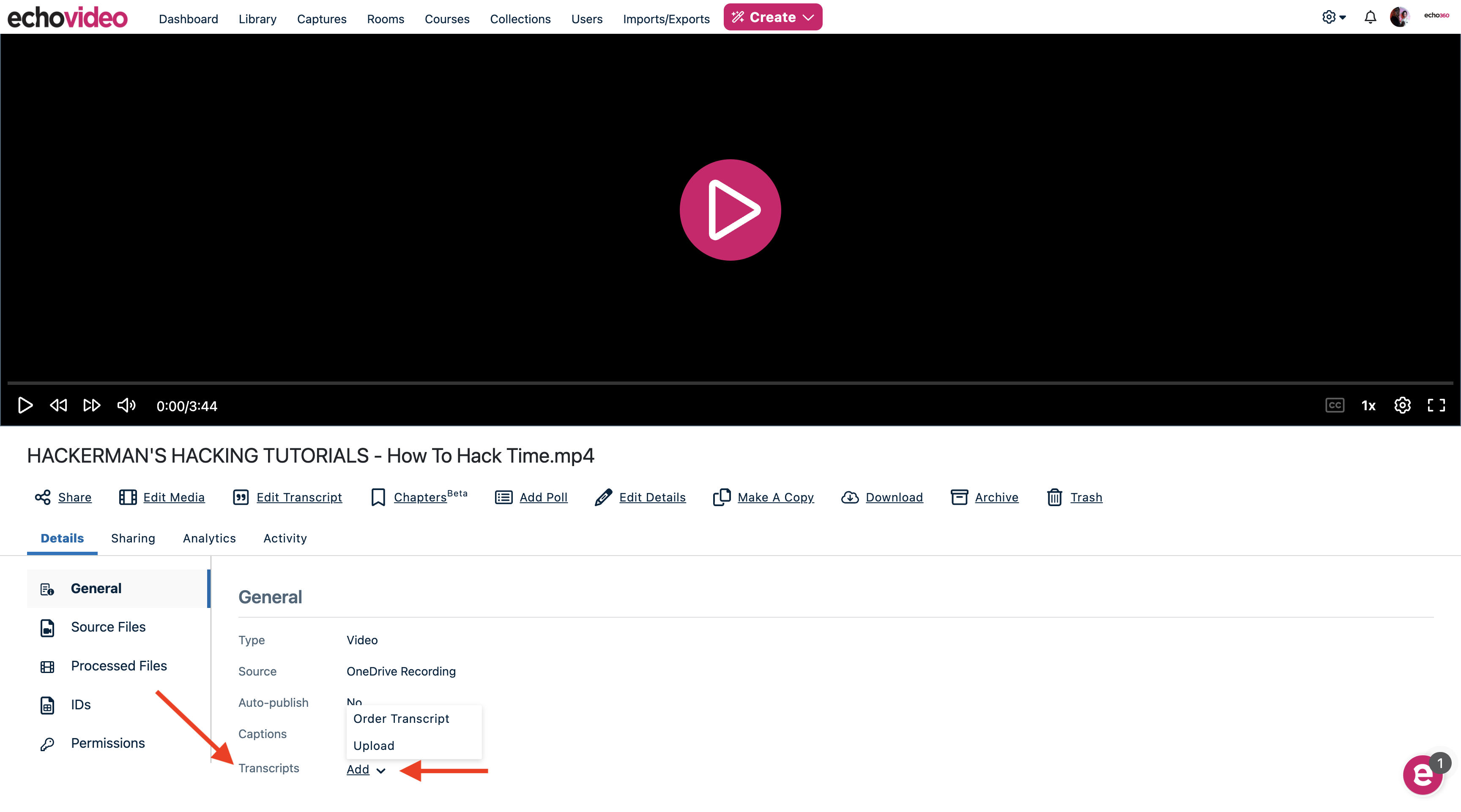 EchoVideo: Uploading Transcripts for Individual Media – Support
